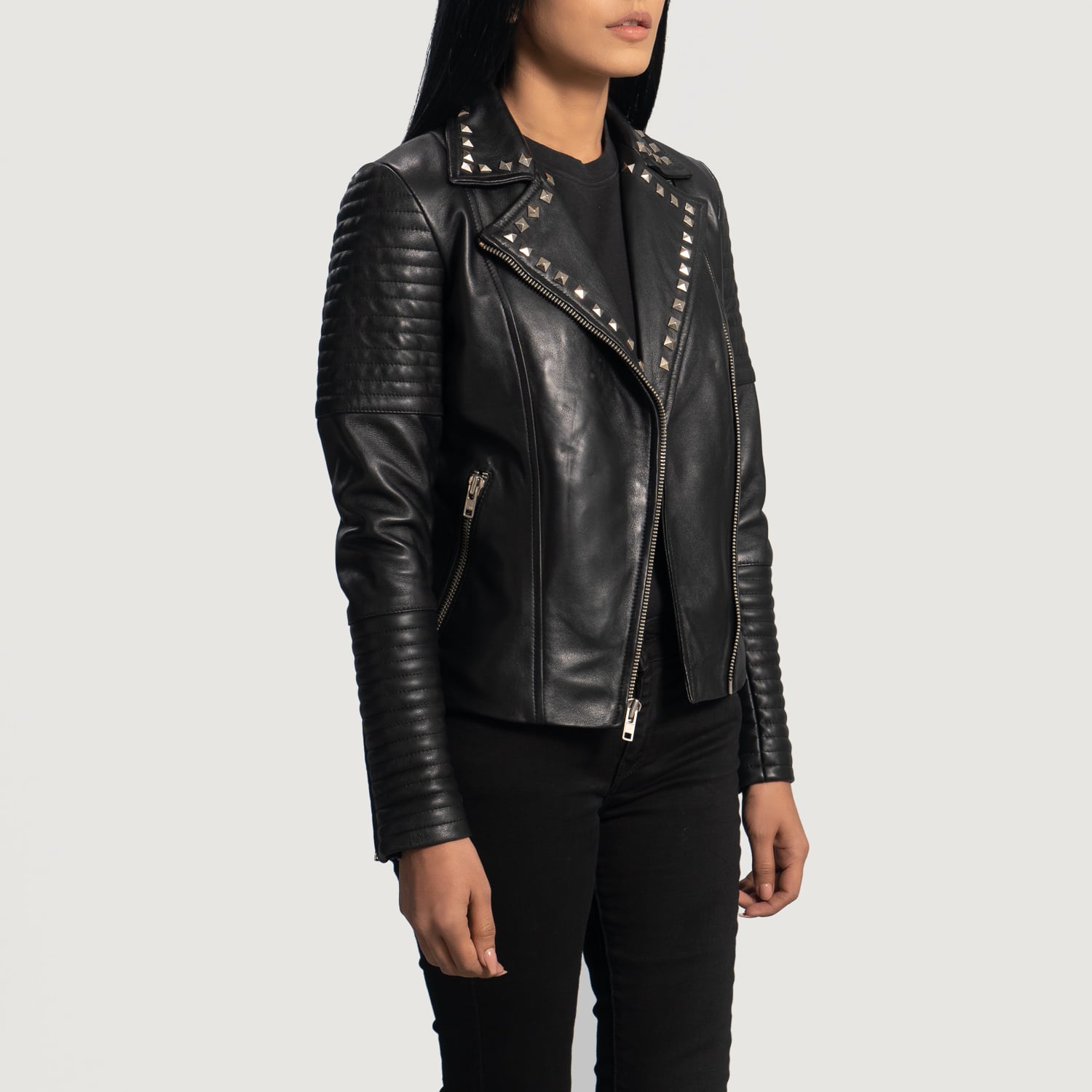 Sally Mae Studded Black Leather Biker Jacket - ::Made in Brown::